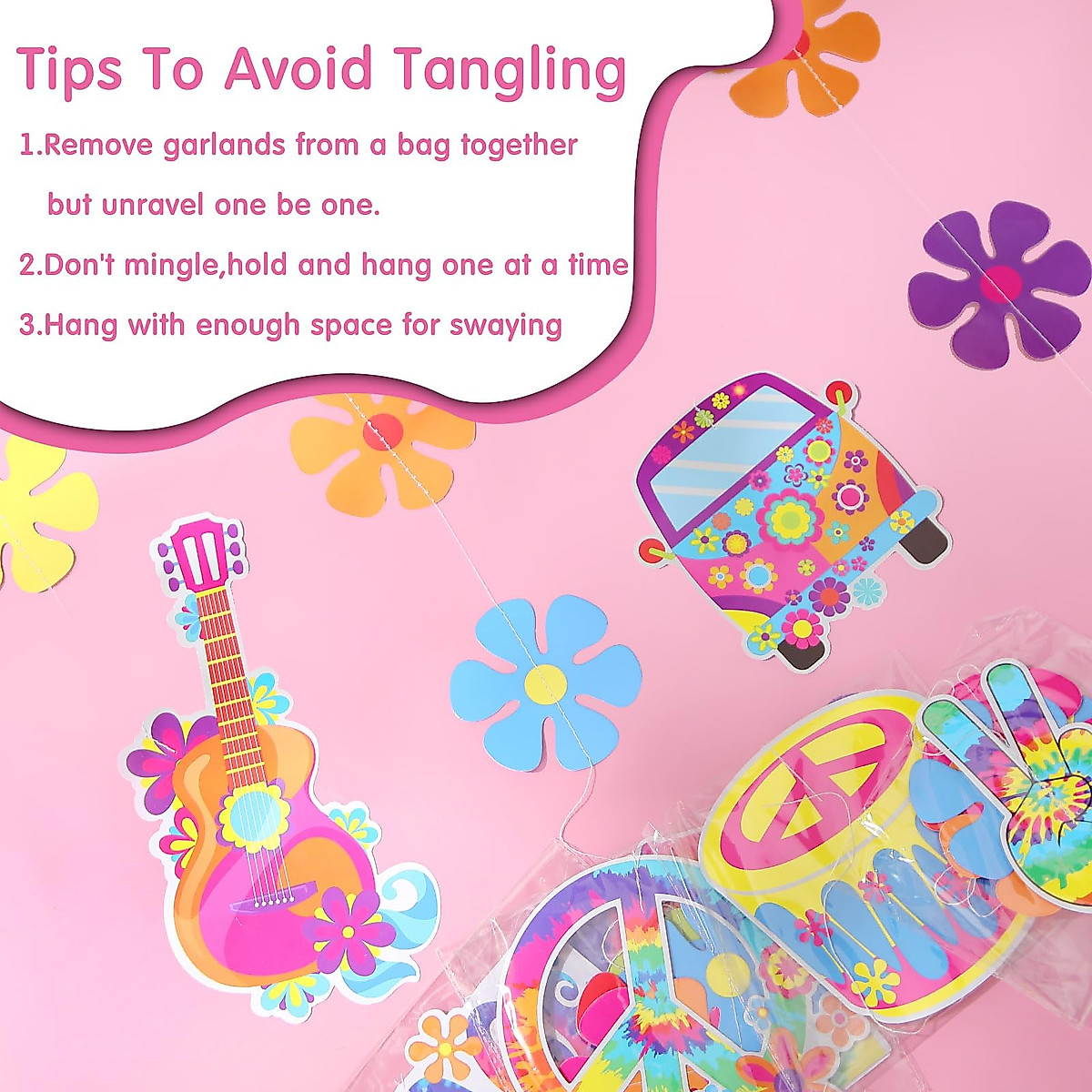 Duraaamo 8 Pcs Groovy Hippie Party Supplies 60's Hippie Paper Garland Kit Decorations Groovy Retro Flower Hanging Banner Tie Dye Hanging Garland for 60s 70s Party Groovy Birthday Baby Shower Decor