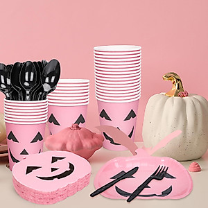 JarThenaAMCS 144Pcs Halloween Pumpkin Tableware Set Pink Cute Pumpkin Disposable Party Supplies Paper Plates Cups Napkins and Cutlery for 24 Guests Birthday Baby Shower