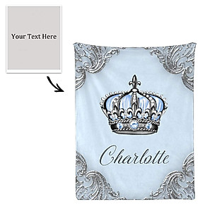 Qearl Baby Blue Silver Crown Prince Personalized Baby Blanket with Name for Boys Girls, Custom Throw Blanket Super Soft for Crib, Outdoor, Indoor 30x40 Inches