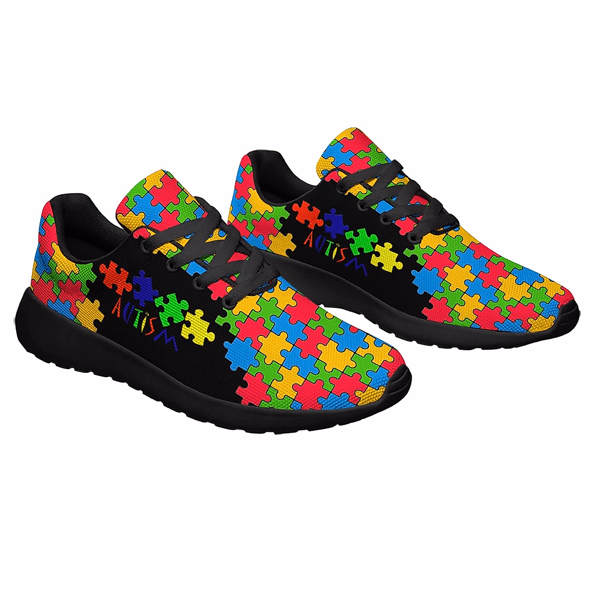 Autism Mom Shoes Womens Mens Running Sneaker Classic Autism Awareness Puzzle Print Tennis Walking Gym Shoes Gift for Mom Black Size 7.5