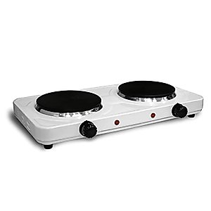 VNIMTI 2000W Countertop Burner Electric Double Hot Plate Stainless Steel Flat Burner Cast Iron Cooktop for Dorm, Office, Home, camping. Temperature Control & Compatible with All Cookware & Fast Heating & Easy to Clean & Portable Compact, White