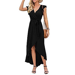 GRECERELLE Women's Summer Casual Cross V Neck Dress Bohemian Flowy Long Maxi Dresses Black-Large