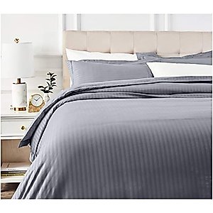 Amazon Basics Striped Microfiber 3 Piece Duvet Cover Set, Full/Queen, Dark Grey