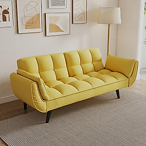 Majnesvon Velvet Futon Sofa Couch Bed with 2 Pillows, Convertible Folding Futon Couch with Adjustable Backrest, Love Seat Sleeper Sofa Bed for Small Spaces, Living Room, Office, Apartment (Yellow)