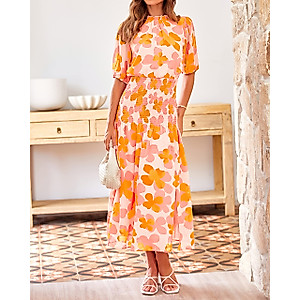 PRETTYGARDEN Women Summer Casual Ruffle Mock Neck Dress 2023 Short Sleeve Smocked Slit Boho Floral Midi Beach Dresses(Floral White Yellow,Large)