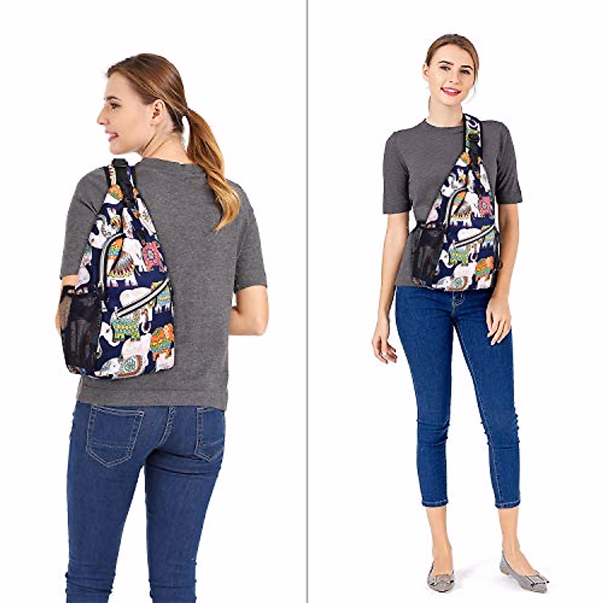 MOSISO Sling Backpack,Travel Hiking Daypack Pattern Rope Crossbody Shoulder Bag, Elephant