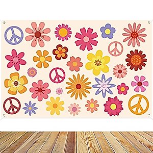 Hippie Groovy Backdrop Banner 60's70's Party Background Extra Large Backdrops Boho Flower Peace Logo Party Sign Scene Setters Wall Decoration Supplies for Indoor Outdoor Photo Booth Props