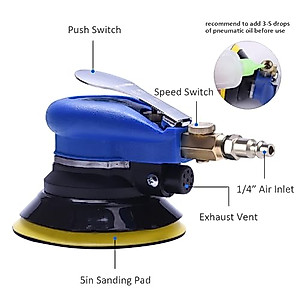 5 inch Pneumatic Orbital Sander Air Sander Palm Da Sander Hook and Loop Air Powered and Swirl Free by ZHONG AN
