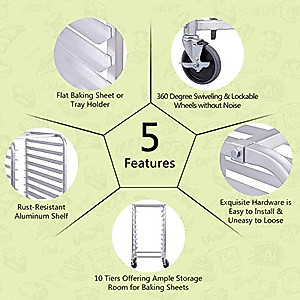 Giantex 10 Tier Aluminum Bakery Rack Home Commercial Kitchen Bun Pan Sheet Rack Mobile Sheet Pan Racking Trolley Storage Cooling Rack w/Lockable Casters