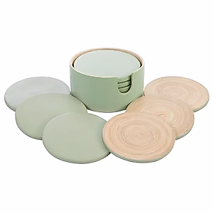 HABITAS Spun Bamboo Coasters for Drinks - Coaster Set with Bamboo Wood Coasters and Coaster Holder. Modern Coasters for Coffee Table (Sage)