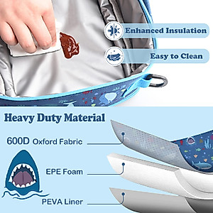 CaCTOUR Insulated Lunch Bag,Expandable Kids Lunch Box,Double Zipper & Lunch Bag Kids with Strap,Lightweight Reusable Lunch Tote Bag for Boys Girls,Meal Containers for School/Picnic (Shark)