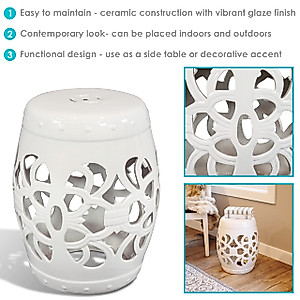 Sunnydaze Knotted Quatrefoil Ceramic Garden Stool Side Table - Indoor or Outdoor - 18-Inch H - White Glazed Finish