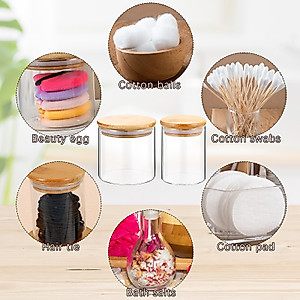 Dandat 6 Pack Glass Apothecary Jars with Lids Bamboo Bathroom Jars Cotton Ball Pad Round Swab Holder Dispenser Vanity Canisters for Countertop Storage Hair Ties Floss Organizer, 8.5 oz and 10.8 oz