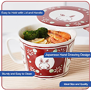 TOPWCK Sturdy Large Fun Ceramic Japanese Hand Drawing Anime Cute Bunny and Flora Microwavable Ramen Noodle Bowl with Lid and Handle Set with Chopsticks and Fingerchopstick and Phone Holder