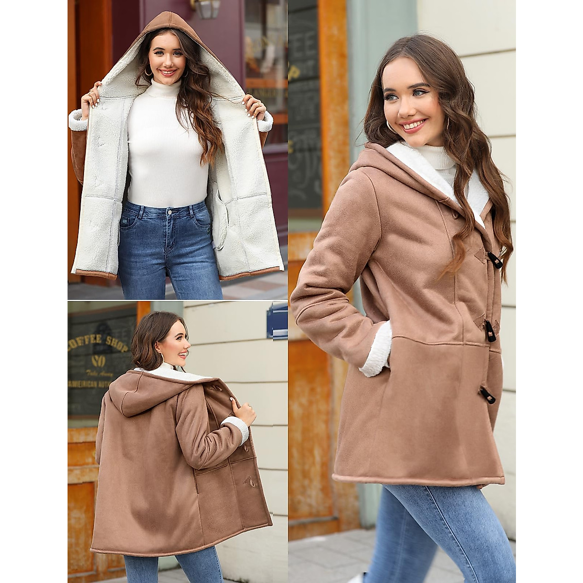 HEEKPEK Women Hoodies Fleece Jackets Soft Fuzzy Long Hoodie Sweatshirt Casual Sherpa Hoodies Horn Button Coats Winter