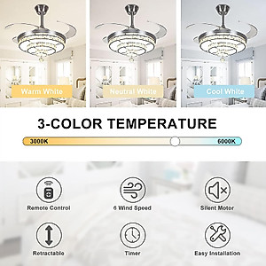 DLLT 42'' Crystal Ceiling Fan with Light, 36W Modern Reversible Ceiling Fan Remote, 3-Blade Retractable LED Fan Chandelier Indoor for Living Room, Bedroom, Dining Room, 3CCT 3000K-6000K, Nickel