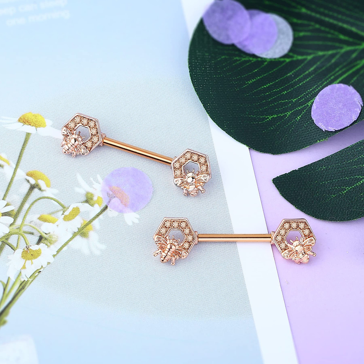 Melighting Dainty Bee Nipple Rings 14G Surgical Steel 316L 2pcs Nipple Barbell CZ Nipple Piercing Jewelry Nipple Ring for Women Body Piercing Jewelry 14mm