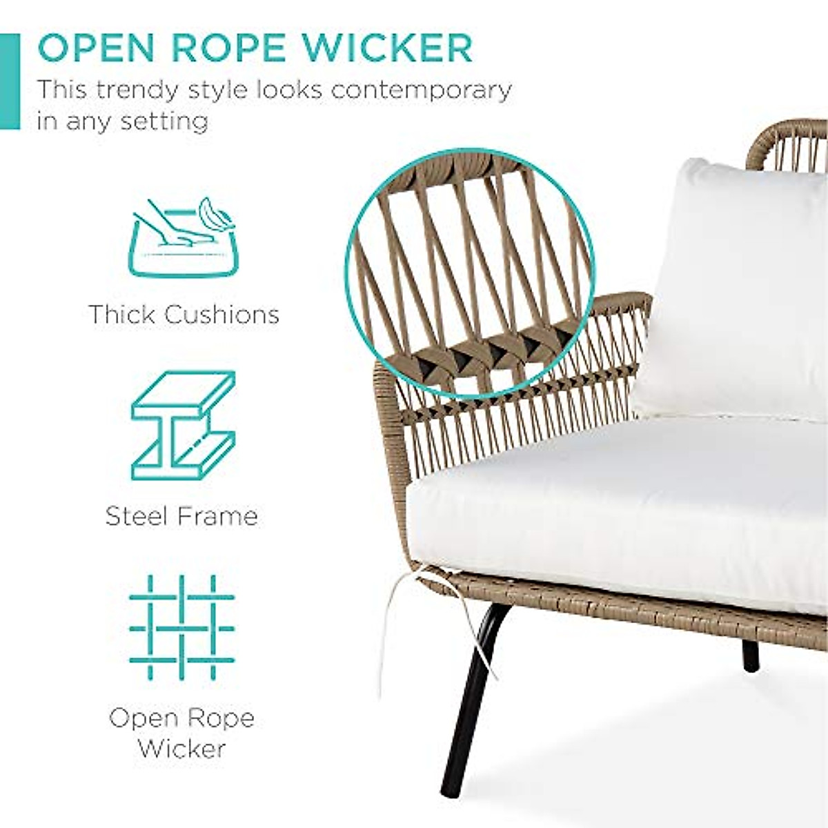 Best Choice Products Outdoor Rope Woven Sectional Patio Furniture L-Shaped Conversation Sofa Set for Backyard, Porch w/Thick Cushions, Detachable Lounger, Side Table - White