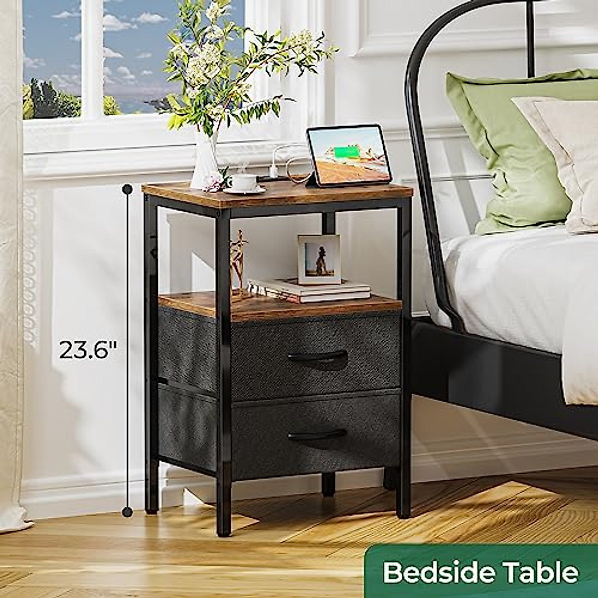 Huuger L Shaped Desk Computer Desk with LED Lights & Power Outlets Nightstand with Charging Station