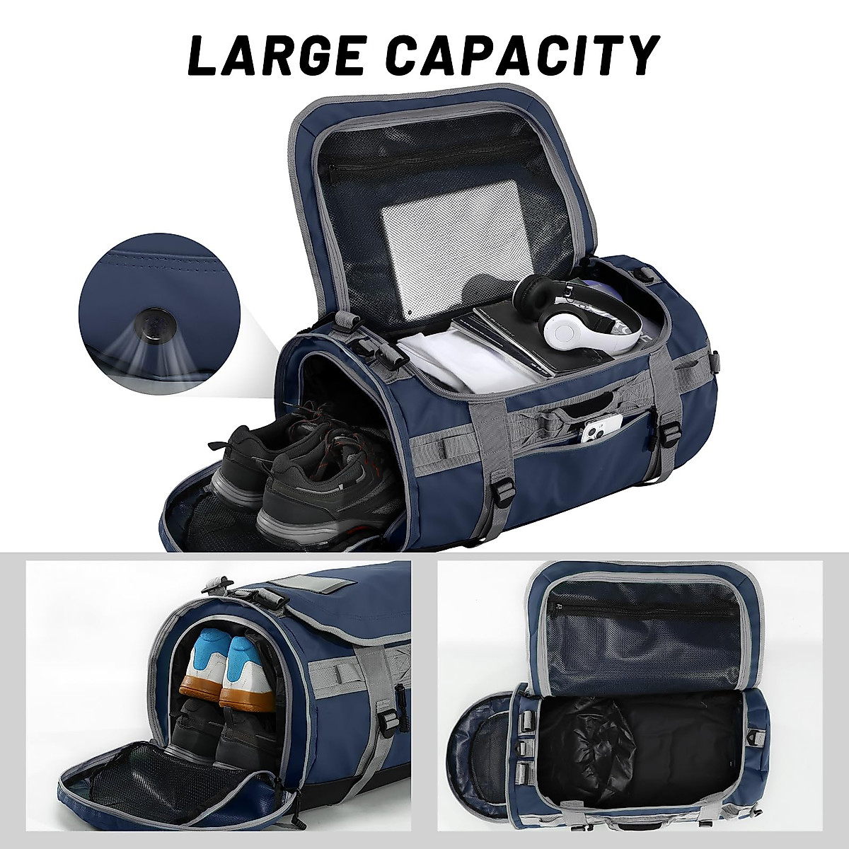 MIER Large Duffel Backpack Sports Gym Bag with Shoe Compartment, Heavy Duty and Water Resistant, Navy Blue, 60L