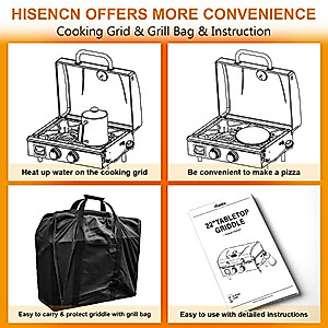 Hisencn Portable Flat Top Grill Propane Gas Grill, Portable Folding Grill Cart Outdoor Griddle Stand Shelf, RV - 348 sq. in. Heavy Duty & 24000 BTUs Griddle for Tabletop BBQ Grill, 22 Inch with Hood