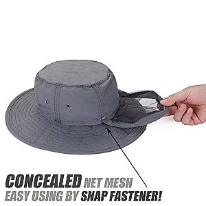 USHAKE Head Net Hat, Safari Hat Sun Hat Bucket Hat with Hidden Net Mesh Grey