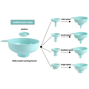 Plastic Wide Mouth Kitchen Funnels with Detachable 4 Different Sizes Spout and Strainer for Filling Small Bottles, Canning Funnel for Wide and Regular Jars,Food Funnels for Kitchen Use