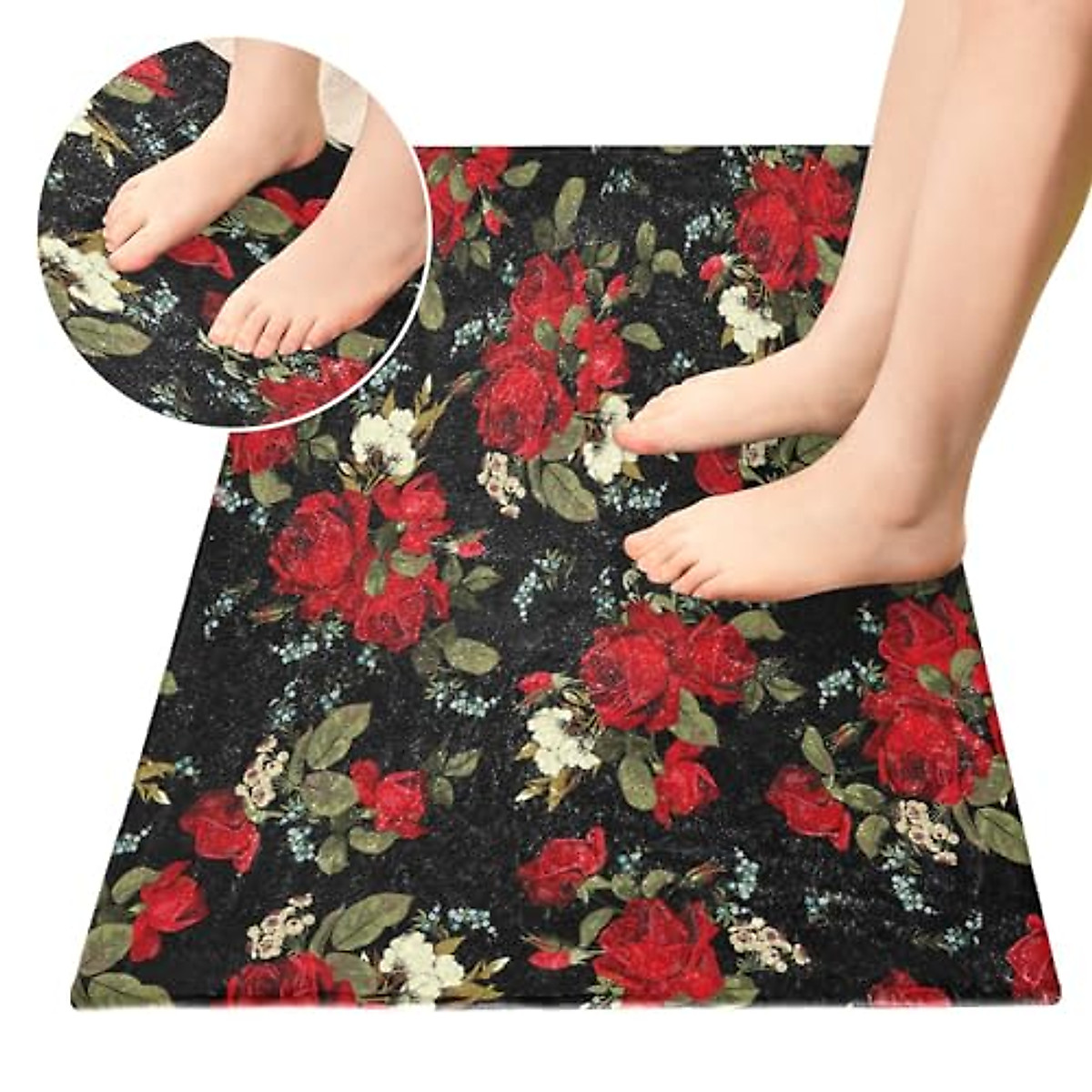YETTASBIN Red Rose Area Rug, Anti Fatigue Large Floor Mat, Soft Absorbent Washable Plush Carpet with Non-Slip Rubber Back for Entryway, Bedroom, Sink, Kitchen, Bathroom, 39 x 20 Inch