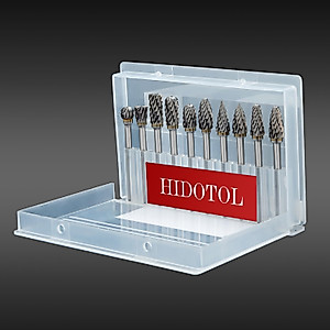 HIDOTOL Carbide Burr Set 10PC 1/8" Shank Tungsten Double Cut Carbide Rotary Burr Set for Metal and Wood Carving, Grinding, Polishing, Engraving, Drilling.