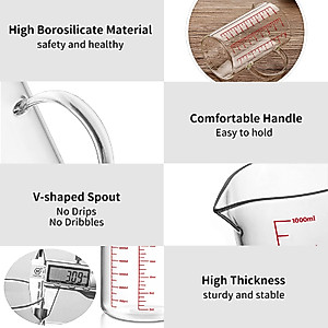 Luvan 34OZ/1000ML Glass Measuring Cup, 4 Cup Glass Measuring Cup With 3 Scales (Ml/Oz/Cup), High Borosilicate Glass Measuring Cup With Handle and V-Shaped Spout, Dishwasher/Freezer/Microwave Safe