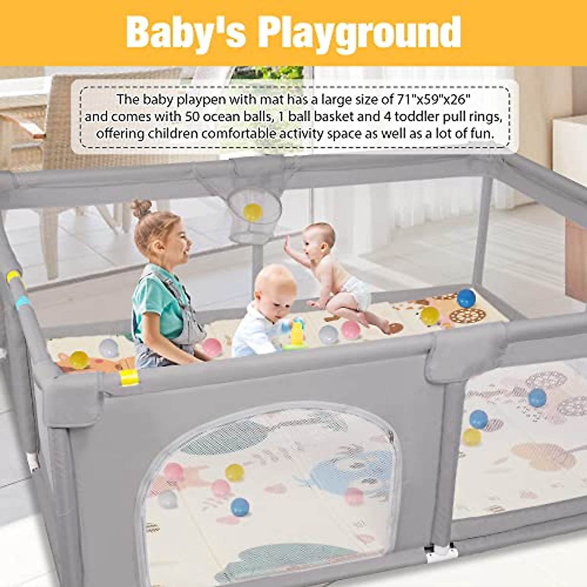 COLOR TREE Baby Playpen with Mat, 71”x59” Extra Large Playpen for Babies and Toddlers, BPA-Free Baby Playard with 50 Ocean Balls, Basket, Anti-Slip Base, Breathable Mesh, Kids Activity Center Gray