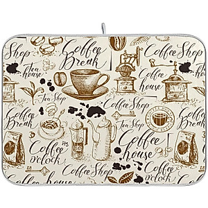 Coffee Dish Drying Mat for Kitchen Counter,Funny Coffee House Coffee Cup Spill Coffee Maker Microfiber Absorbent Dish Drainer/Rack Pads Heat Resistant Drying Mat Kichen Sink Accessories 16"x18" Beige