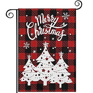 hogardeck Merry Christmas Garden Flag, Buffalo Plaid Check Tree Burlap Christmas Decorations, Vertical Double Sided Winter Decor, Bell & Star Outdoor Indoor Yard Flag 12.5x18 Inch
