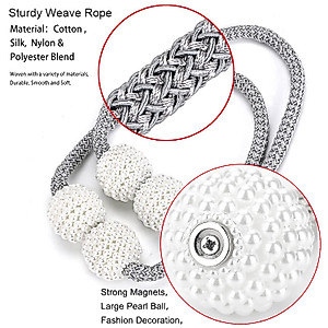 Pinowu Magnetic Curtain Tiebacks Convenient Drape Tie Backs (4pcs), Pearl Decorative Holdback Rope Holder for Small, Thin or Sheer Window Draperies (Gray)