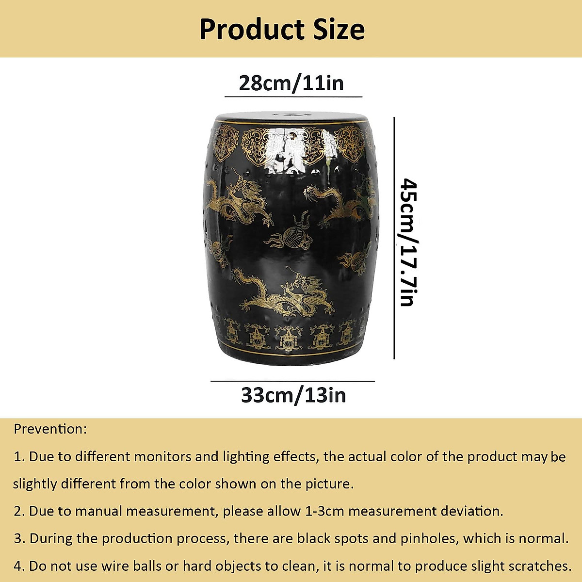 KIROJA Decorative Ceramic Garden Stool, Glazed with Gold-Plated Double Dragon Pearl Shoe Changing Stool Drum Stool, Suitable for Outdoor Garden, Living Room, Balcony, Etc.