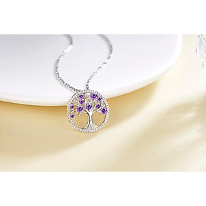 Zes-Husa February Birthstone Amethyst Jewelry Tree of Life Birthstone Pendant Necklace for Women Girls Valentines Day Gifts, Sterling Sliver Necklace Anniversary Birthday Gifts for Mom Wife