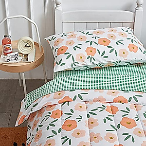 4 Pieces White Girls Toddler Bedding Set Orange Floral Style - Includes Adorable Quilted Flower Comforter, Green Plaid Fitted Sheet, Top Sheet, and Pillow Case for Girls Bed