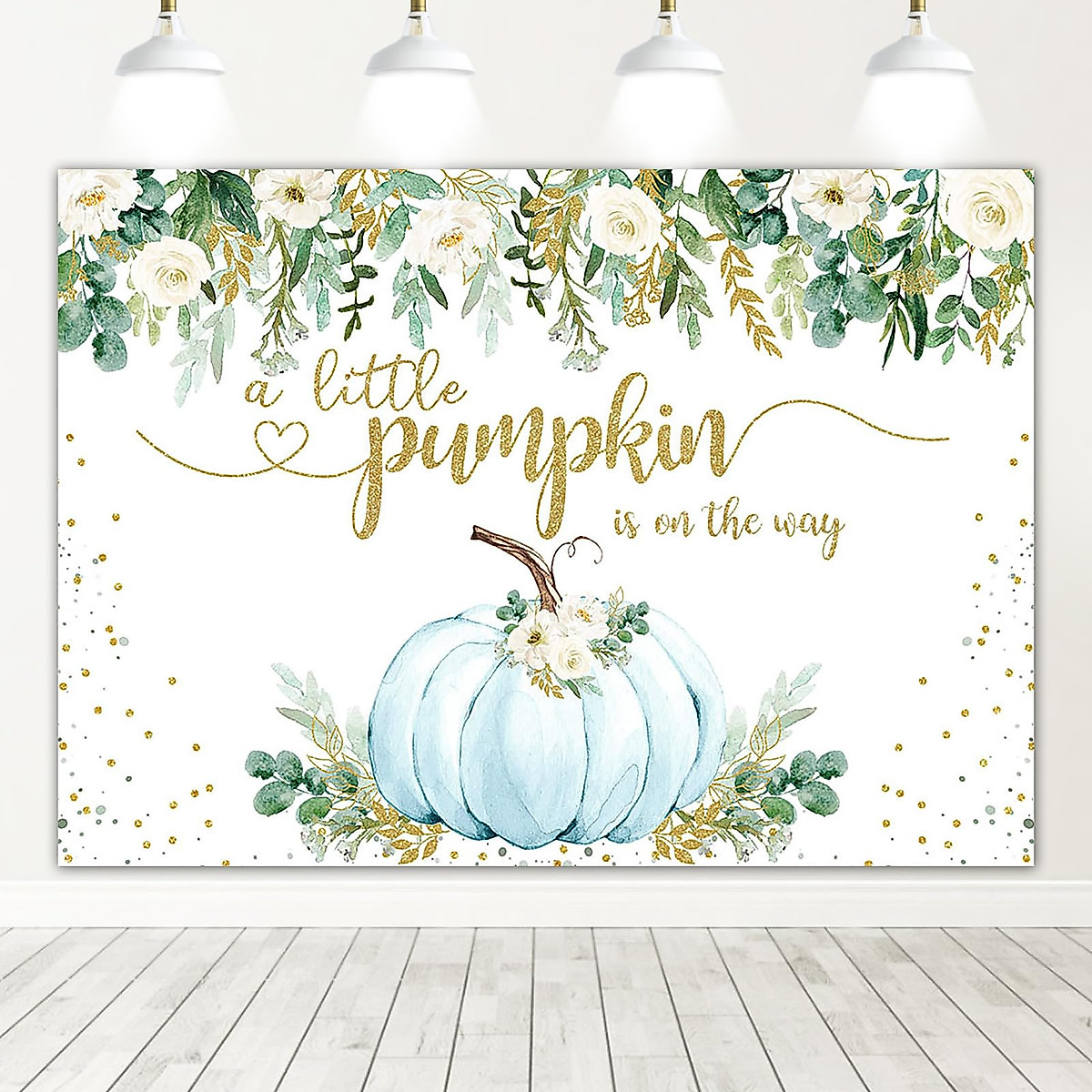 Mocsicka Boy Pumpkin Baby Shower Backdrop Greenery Blue Floral Fall Baby Shower Background A Little Pumpkin is On The Way Baby Shower Party Cake Table Decoration Banner Photo Booth Props (7x5ft)