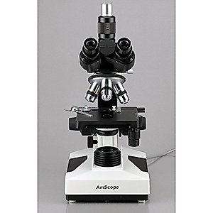AmScope T490 Compound Trinocular Microscope, WF10x Eyepieces, 40X-1000X Magnification, Brightfield, Halogen Illumination, Abbe Condenser, Double-Layer Mechanical Stage, Sliding Head, High-Resolution Optics
