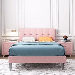 Lijimei Full Size Velvet Upholstered Platform Bed Frame, Pink, Wood Slats, Steel Frame