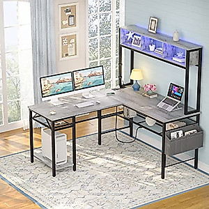 Unikito L Shaped Computer Desk with LED Strip and Power Outlets, Reversible L-Shaped Corner Desk with Storage Shelves and Bag, Industrial Home Office Desk Gaming Table with USB Port, White Oak