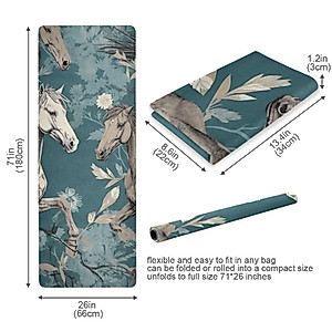GOODOLD Horses and Flowers Yoga Mat, 71 x 26 Inch Non-slip Yoga Mats Folding Travel Exercise Mat Indoor Outdoor Gym Pilates with Storage Bag for Women Men