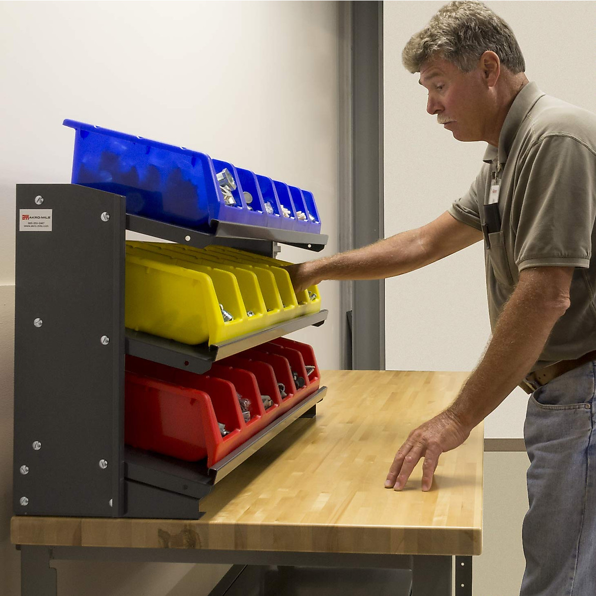 Akro-Mils APRBENCH Work Bench Storage Rack for Plastic Bins – 3 Angled Shelves (36-Inch W x 12-Inch D x 25-Inch H), Gray