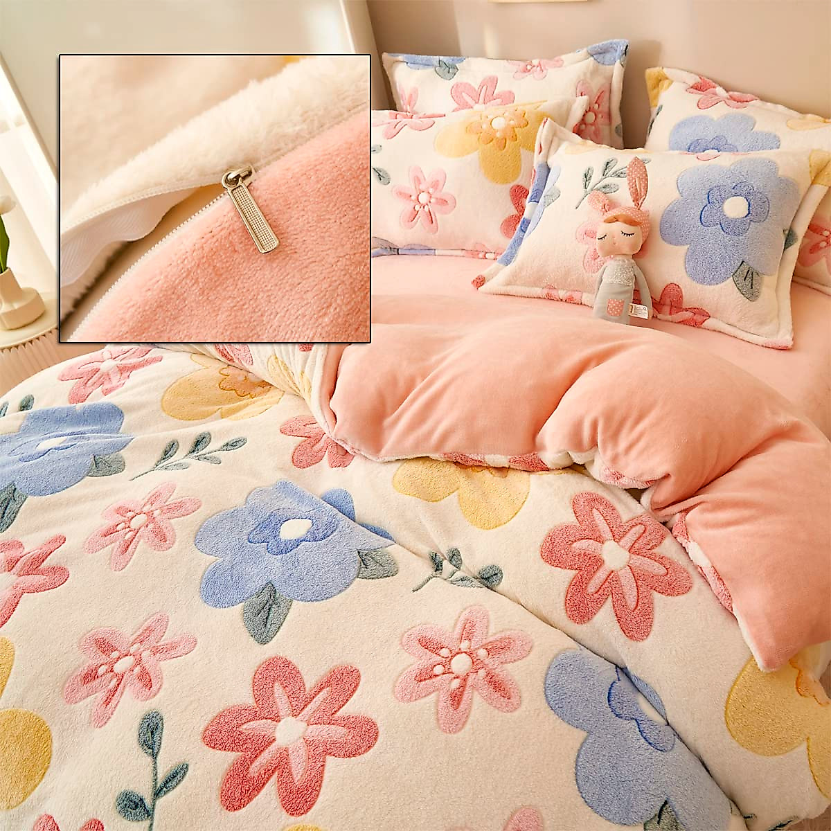 LMONMOO Pink Duvet Cover Twin, Fluffy Comforter Cover Set, Kawaii Bedding Sets for Girl Ultra Soft Cute Floral Bed Set for Kids (Flower, Twin)