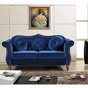 Container Furniture Direct Anna1 Velvet Upholstered Classic Nailhead Chesterfield Living Room, Sofa & Loveseat, Blue Mist