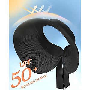 Camptrace Sun Visors for Women Wide Brim Beach Hat UPF 50+ Foldable Straw Visor Hat Ponytail Summer Packable Black