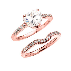 10k Rose Gold Dainty Heart Shape Cubic Zirconia Solitaire Wedding Ring Set(Size 7.5)