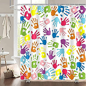 NTETSN 4 PCS Watercolor Shower Curtain, Handprint in Rainbow Color Bathroom Curtain Sets for Kids,Non-Slip Rugs, Toilet Lid Cover, Bath Mat, 12 Hooks for Curtain 72x72 Inch SETYYNT4