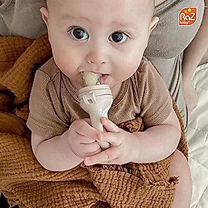 RaZbaby Baby Solids/Frozen Fruit Feeder Pacifier, Infant Teether Toy 6M+, BPA-Free Silicone Pouch & Nipple, Safely Introduce Solids, Teething Relief, Dishwasher Safe, 2-Pack – Orange/Blue + Green/Blue