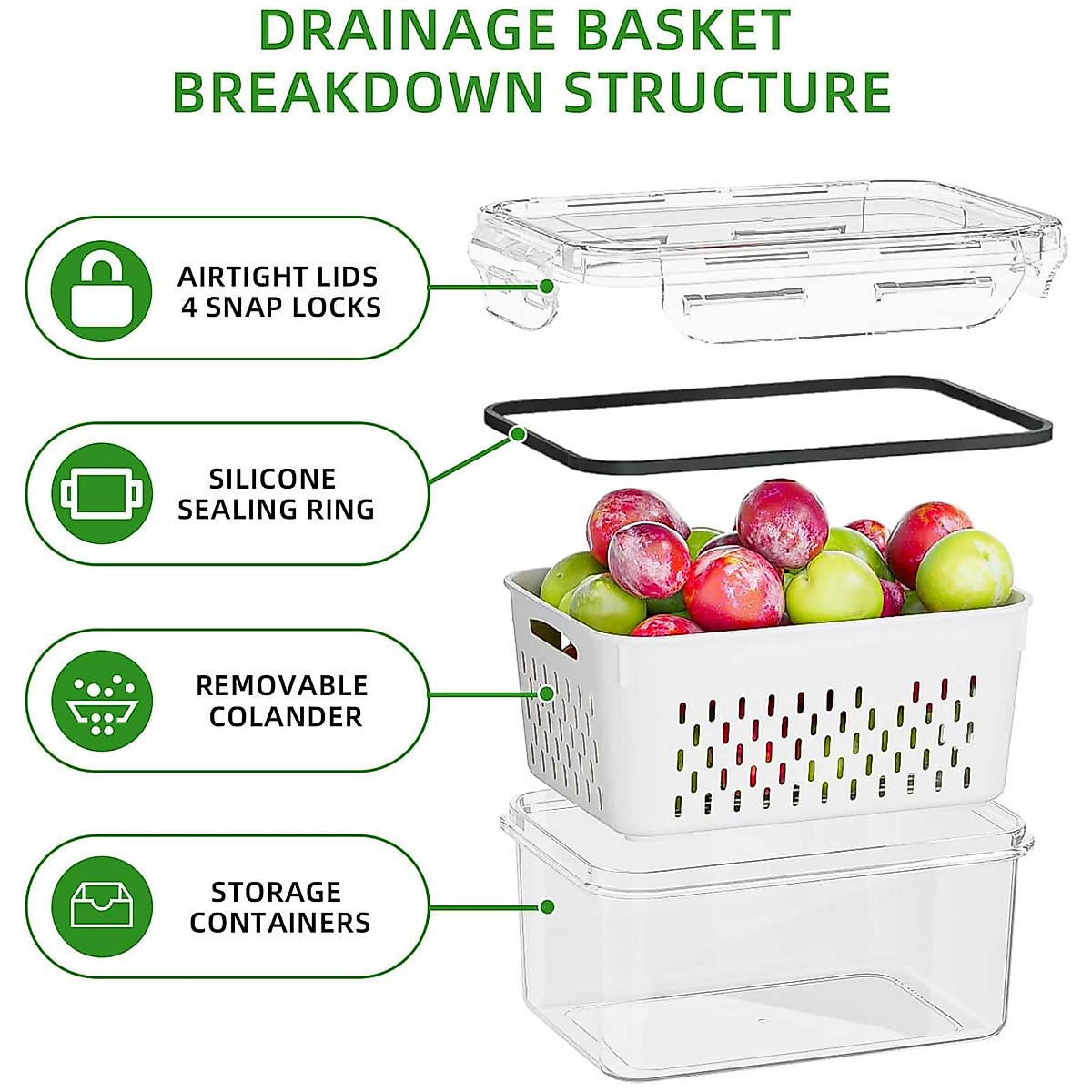 TFMODBFA 5 PCS Fruit Storage Containers for Fridge,Produce Storage Saver Containers with Removable Drain Colander&Airtight Lid, Food Grade Freezer Seal, Keeps Fruit Fresh for Long Time